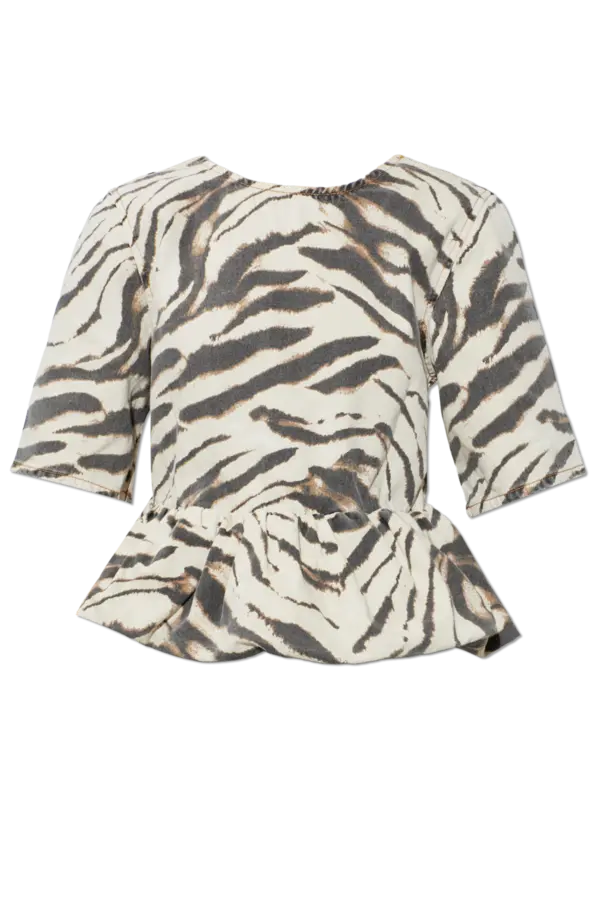 GANNI Animal Print Peplum Denim Top