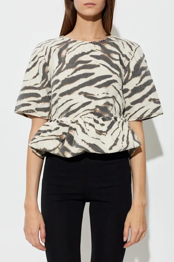 GANNI Animal Print Peplum Denim Top