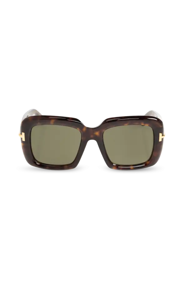 TOM FORD Rectangular Tortoiseshell Sunglasses With Gold Tone T Detail - Brown
