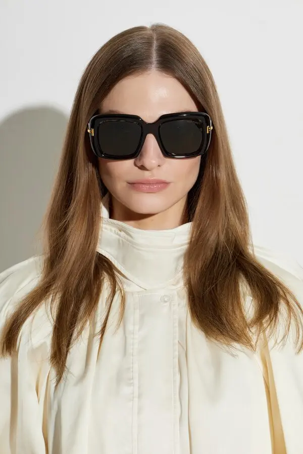TOM FORD Rectangular Tortoiseshell Sunglasses With Gold Tone T Detail - Brown