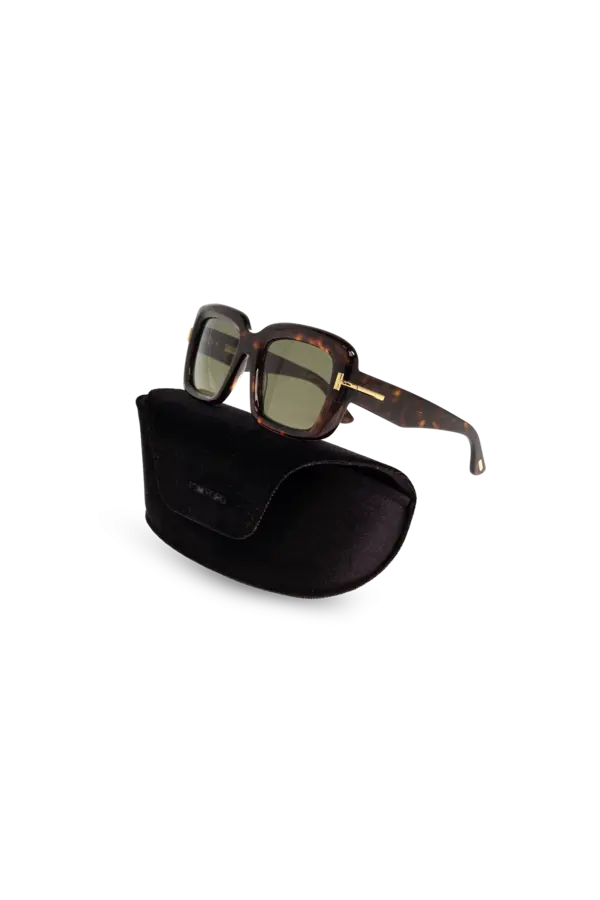 TOM FORD Rectangular Tortoiseshell Sunglasses With Gold Tone T Detail - Brown