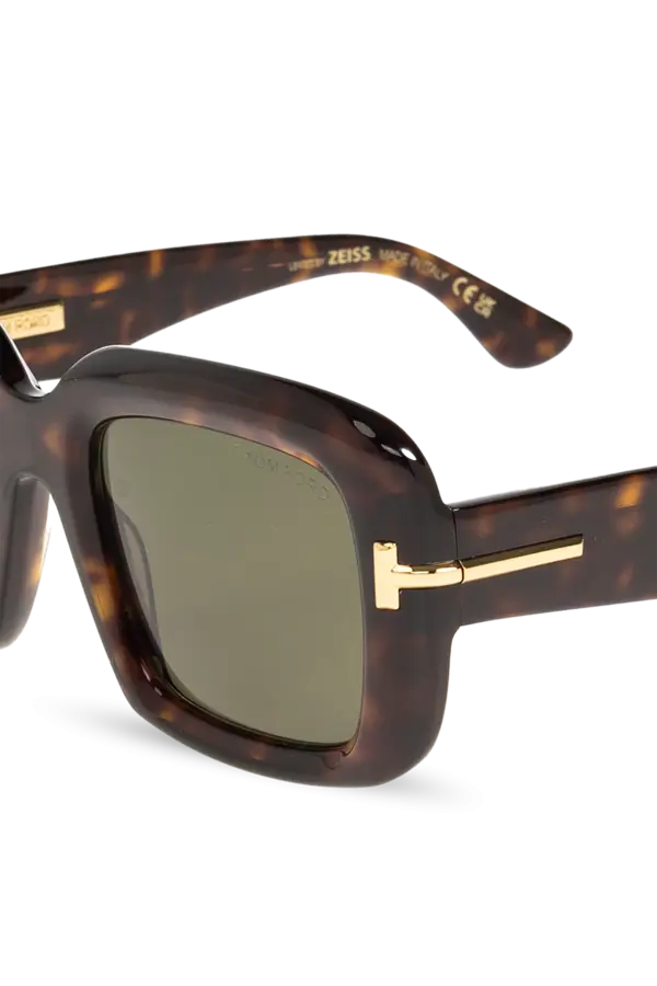 TOM FORD Rectangular Tortoiseshell Sunglasses With Gold Tone T Detail - Brown