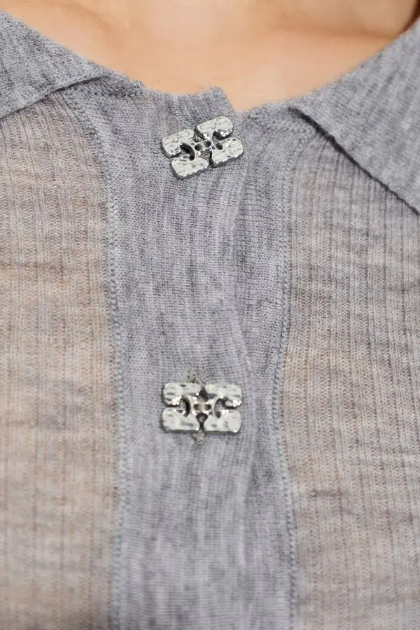 GANNI Slim-fit Wool Polo With Embellished Buttons