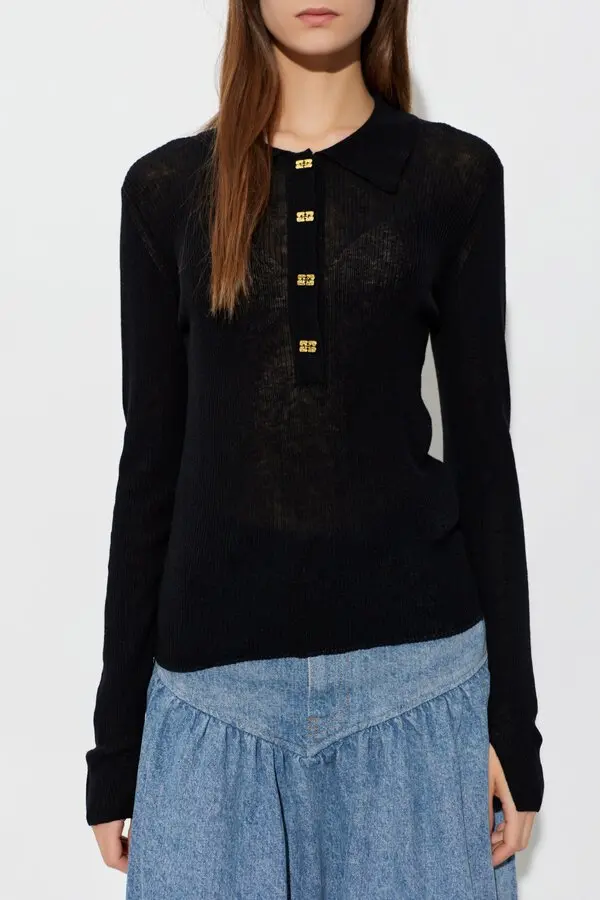 GANNI Slim Fit Wool Knit Polo With Gold Button Detail