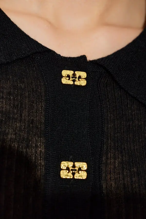 GANNI Slim Fit Wool Knit Polo With Gold Button Detail