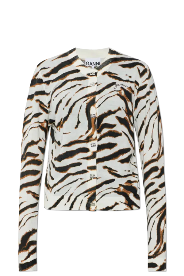 GANNI Animal Print Cotton Knit Cardigan - Cream