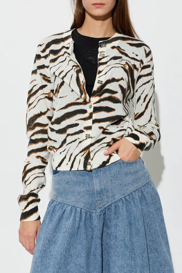 GANNI Animal Print Cotton Knit Cardigan