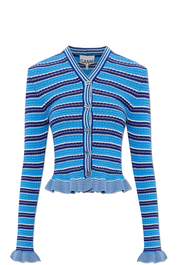 GANNI Striped Ruffle Cardigan