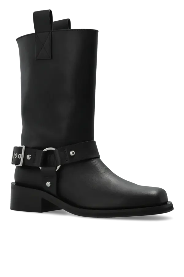 GANNI Mid Calf Buckled Leather Boots - Black