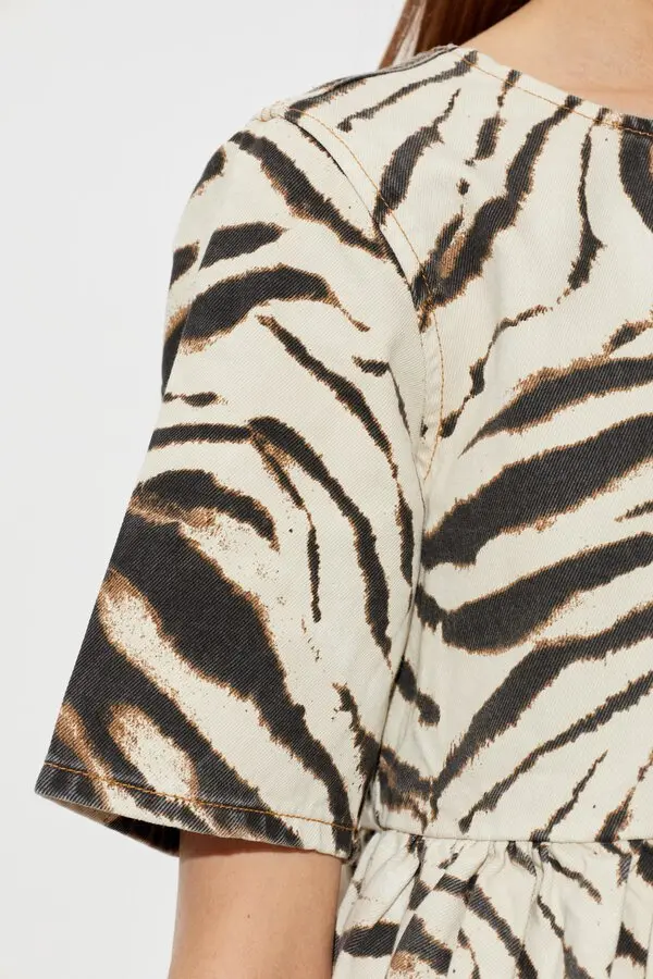 GANNI Zebra Print Denim Mini Dress - Brown