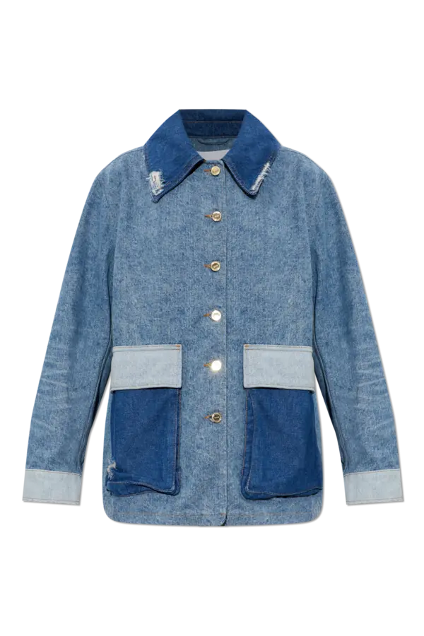 GANNI Distressed Denim Patchwork Jacket With Classic Collar - Blue