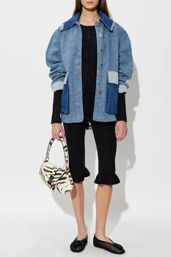 GANNI Distressed Denim Patchwork Jacket With Classic Collar - Blue