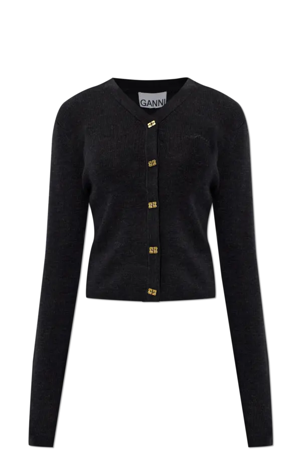 GANNI Wool Cardigan With Embroidered Logo And Gold Buttons - Black