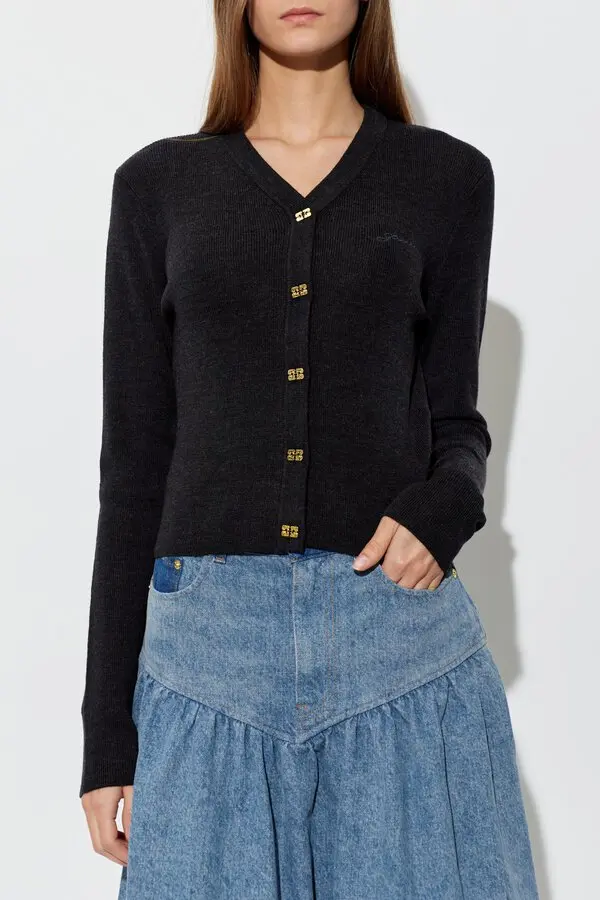 GANNI Wool Cardigan With Embroidered Logo And Gold Buttons - Black