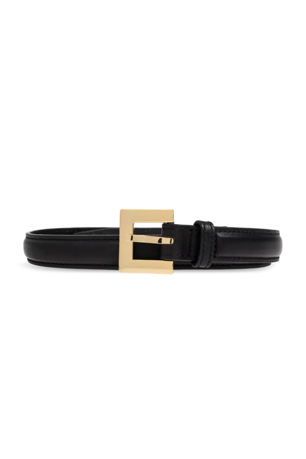 ANINE BING Slim Leather Belt With Gold Tone Geometric Buckle - Black