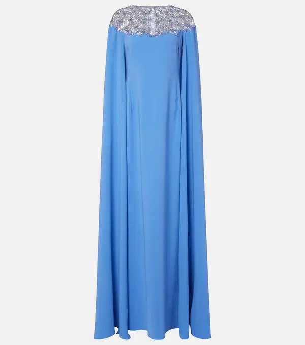 Oscar De La Renta Embellished Cape Silk-blend Gown - Blue