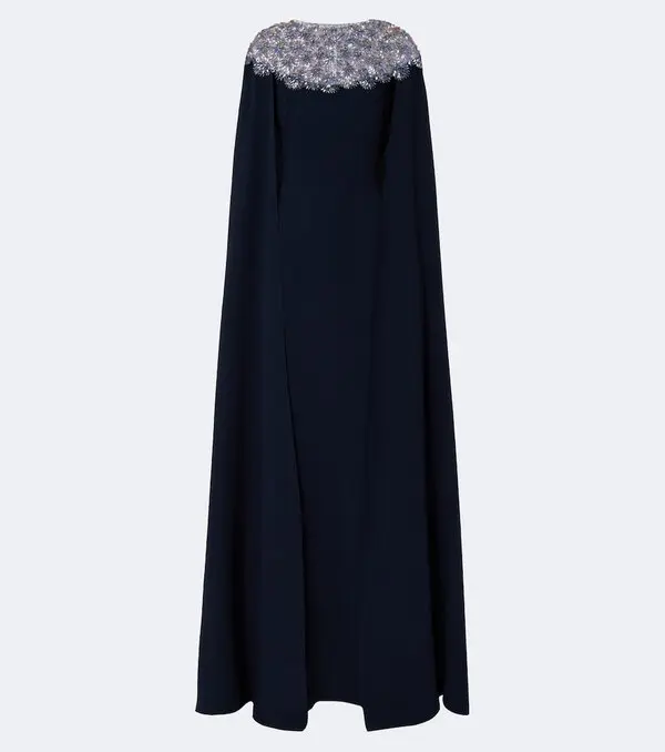 Oscar De La Renta Embellished Cape Silk-blend Gown - Blue