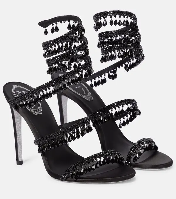 Rene Caovilla Chandelier Embellished Satin Sandals - Black