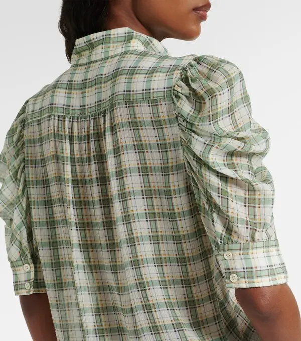 FRAME Gillian Checked Silk Blouse In Jade Plaid