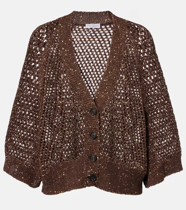 Brunello Cucinelli Open-knit Sequined Cardigan - Brown