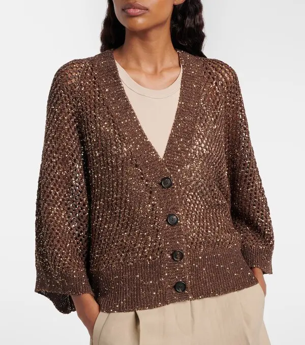 Brunello Cucinelli Open-knit Sequined Cardigan - Brown