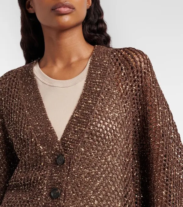 Brunello Cucinelli Open-knit Sequined Cardigan - Brown