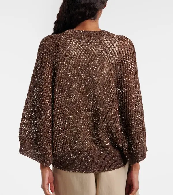 Brunello Cucinelli Open-knit Sequined Cardigan - Brown