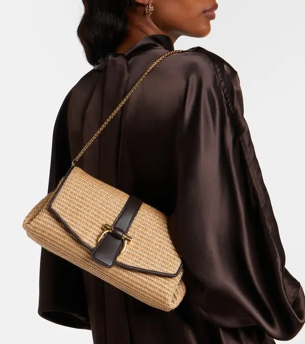 FERRAGAMO Mia Small Raffia Shoulder Bag
