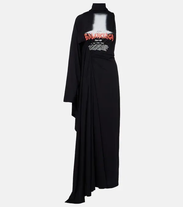 Balenciaga Logo Caped Cotton Jersey Maxi Dress - Black