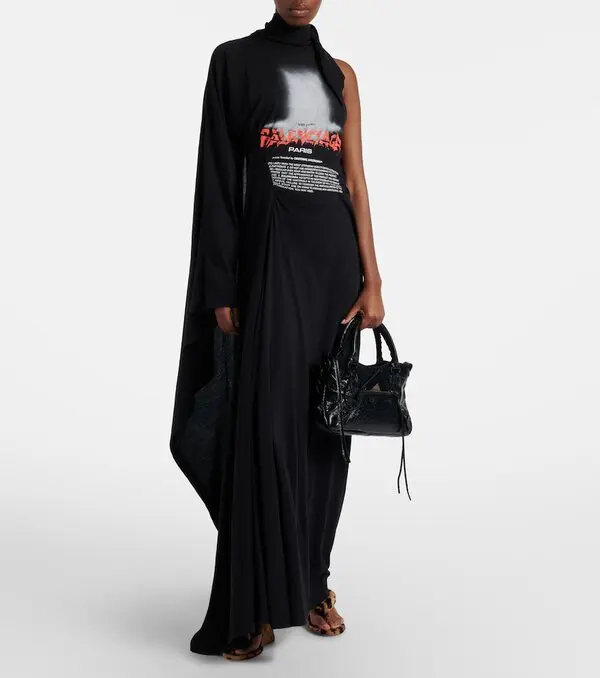 Balenciaga Logo Caped Cotton Jersey Maxi Dress