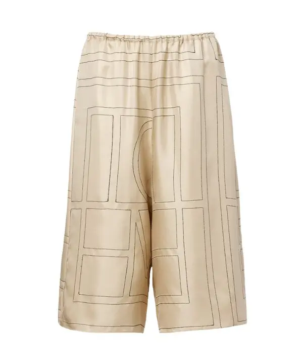 TOTEME Embroidered Silk Satin Bermuda Shorts - Beige