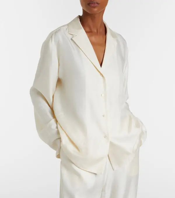 TOTEME Monogram Silk Satin Pajama Shirt - White