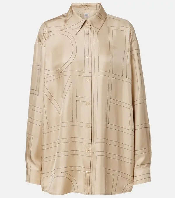 TOTEME Embroidered Silk Satin Shirt - Beige