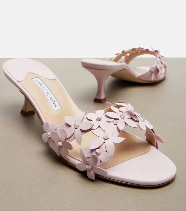 Manolo Blahnik Anista" Floral-appliqué Leather Mules - Pink