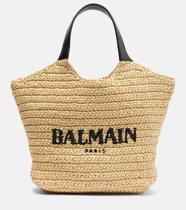 Balmain Logo Raffia-effect Top-handle Bag - Beige
