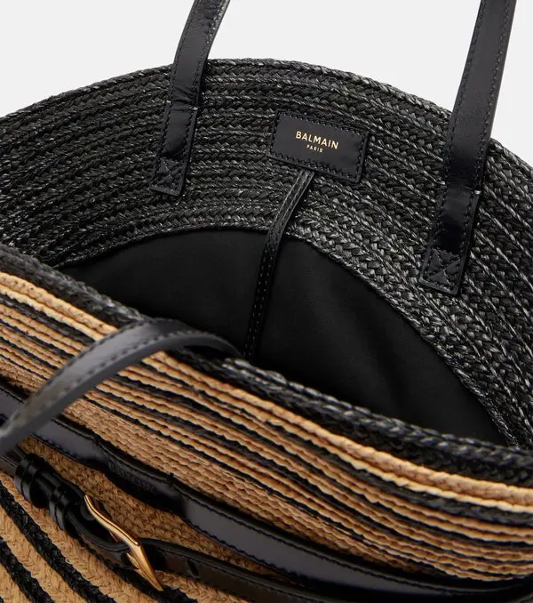 Balmain Raffia-effect Striped Shoulder Bag With Leather Trim - Black