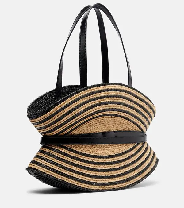 Balmain Raffia-effect Striped Shoulder Bag With Leather Trim - Black