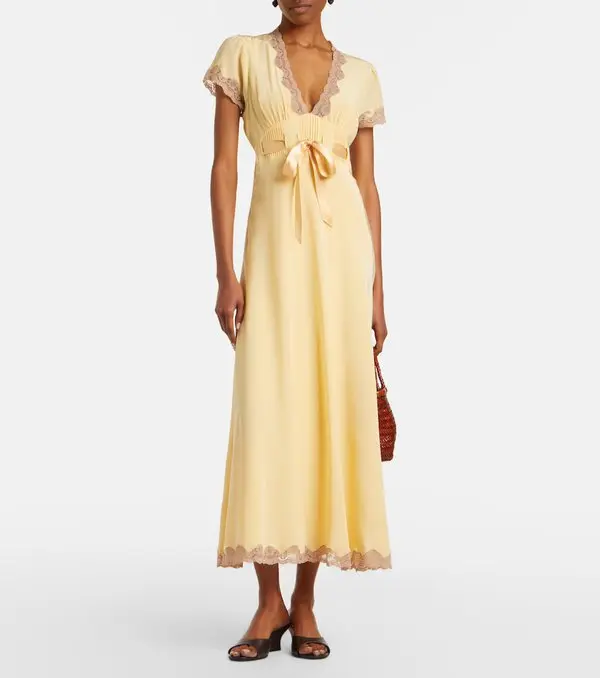 Rixo Marlice Silk Maxi Dress With Lace Trim - Yellow