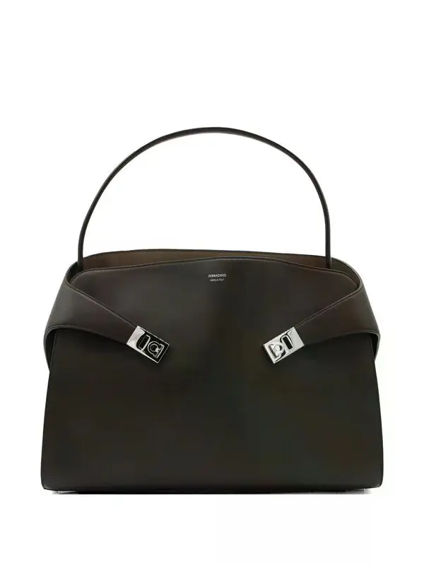 FERRAGAMO Gancini Plaque Leather Tote Bag - Brown