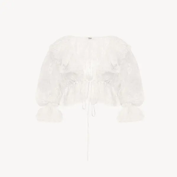 Chloé Cropped V-neck Ruffle Top In Lace - Iconic Milk