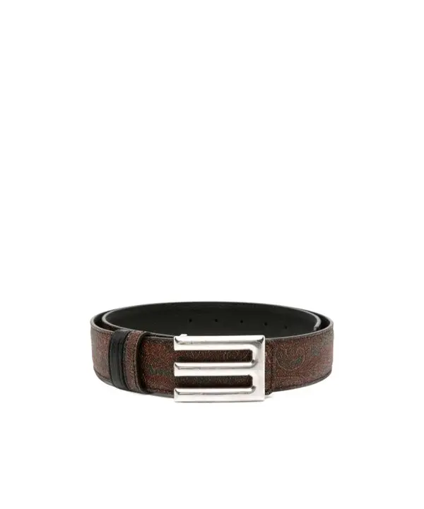 Etro Logo Buckled Paisley Print Reversible Belt - Black