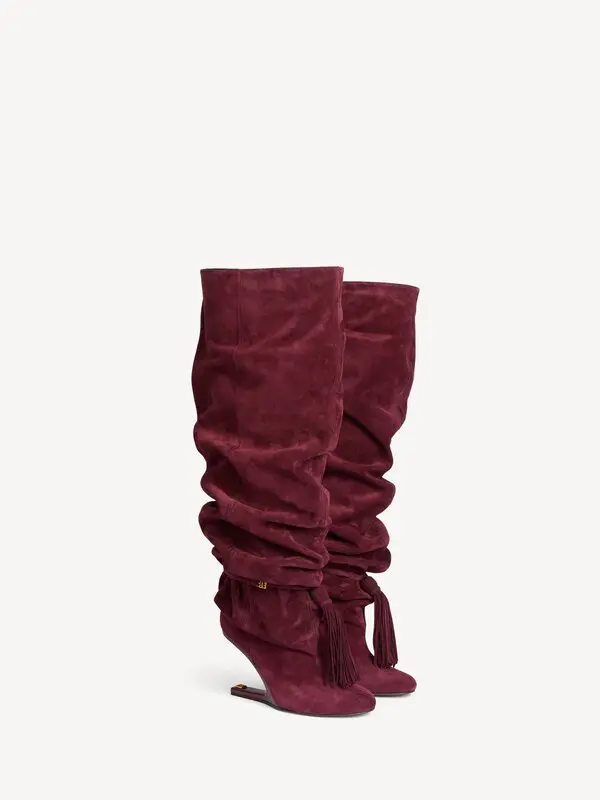 Balmain Suede Thigh-high Boots With Tassel Detail - Red