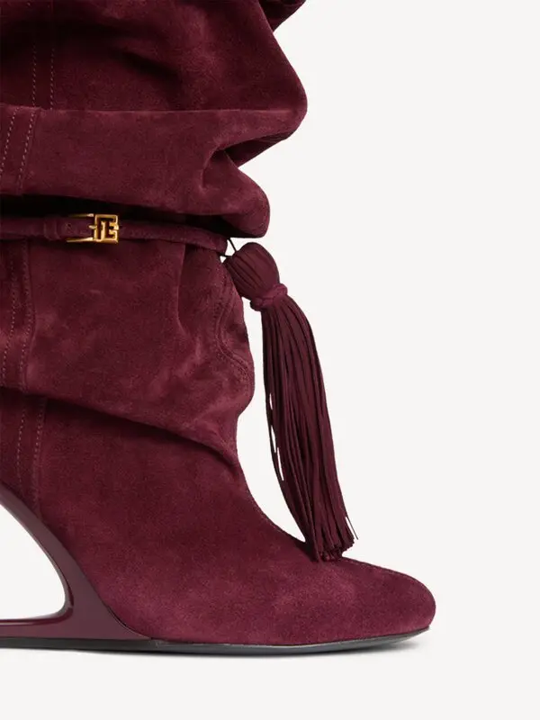 Balmain Suede Thigh-high Boots With Tassel Detail - Red