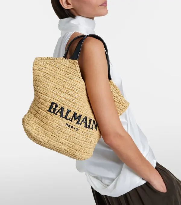Balmain Logo Raffia-effect Top-handle Bag