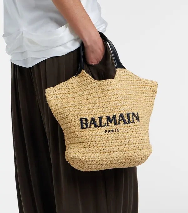 Balmain Logo Raffia-effect Top-handle Bag