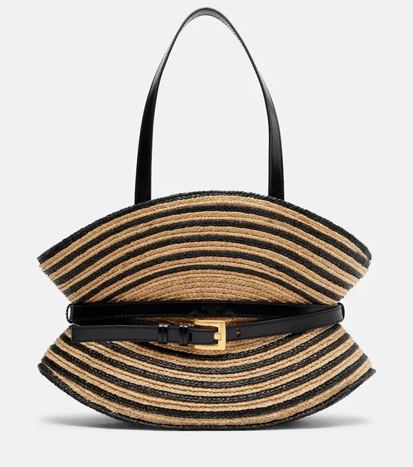 Balmain Raffia-effect Striped Shoulder Bag With Leather Trim - Black