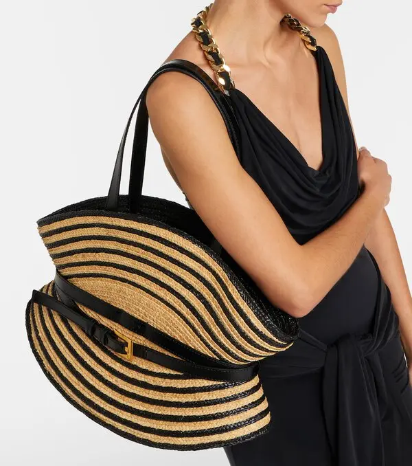 Balmain Raffia-effect Striped Shoulder Bag With Leather Trim - Black