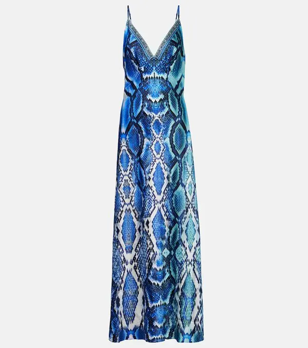 Camilla Animal Print Silk Maxi Slip Dress - Blue