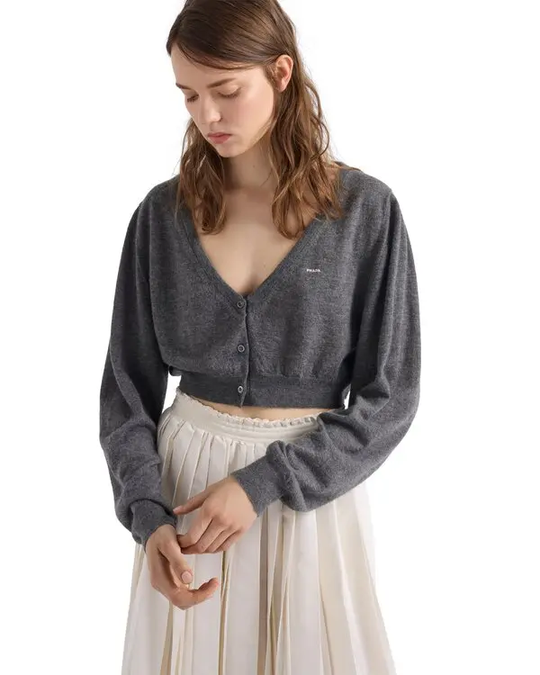 Prada Cropped Cashmere Cardigan With V-neck And Embroidered Logo