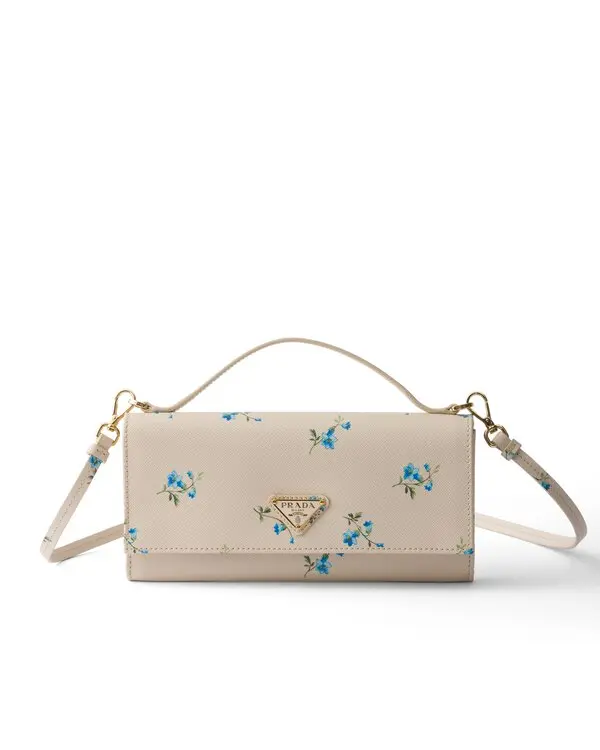 Prada Printed Saffiano Leather Wallet With Shoulder Strap - Neutral